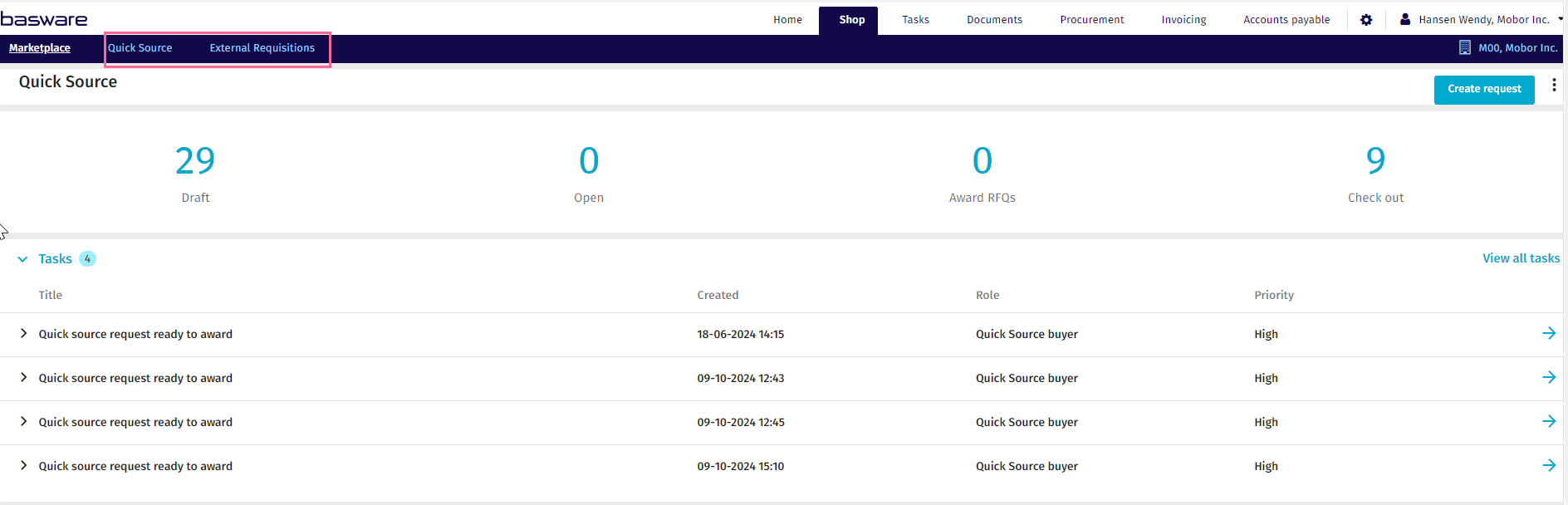 Quick Source and External Requisitions added in the second level menu